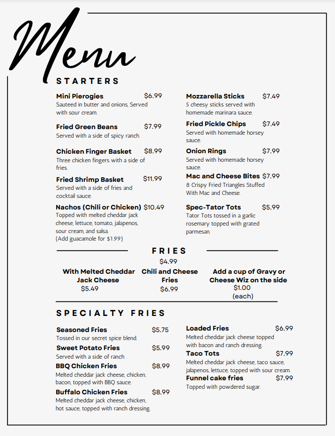 Menu – Spectators Bar & Grille