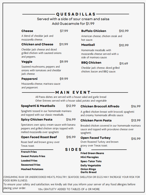 Menu – Spectators Bar & Grille