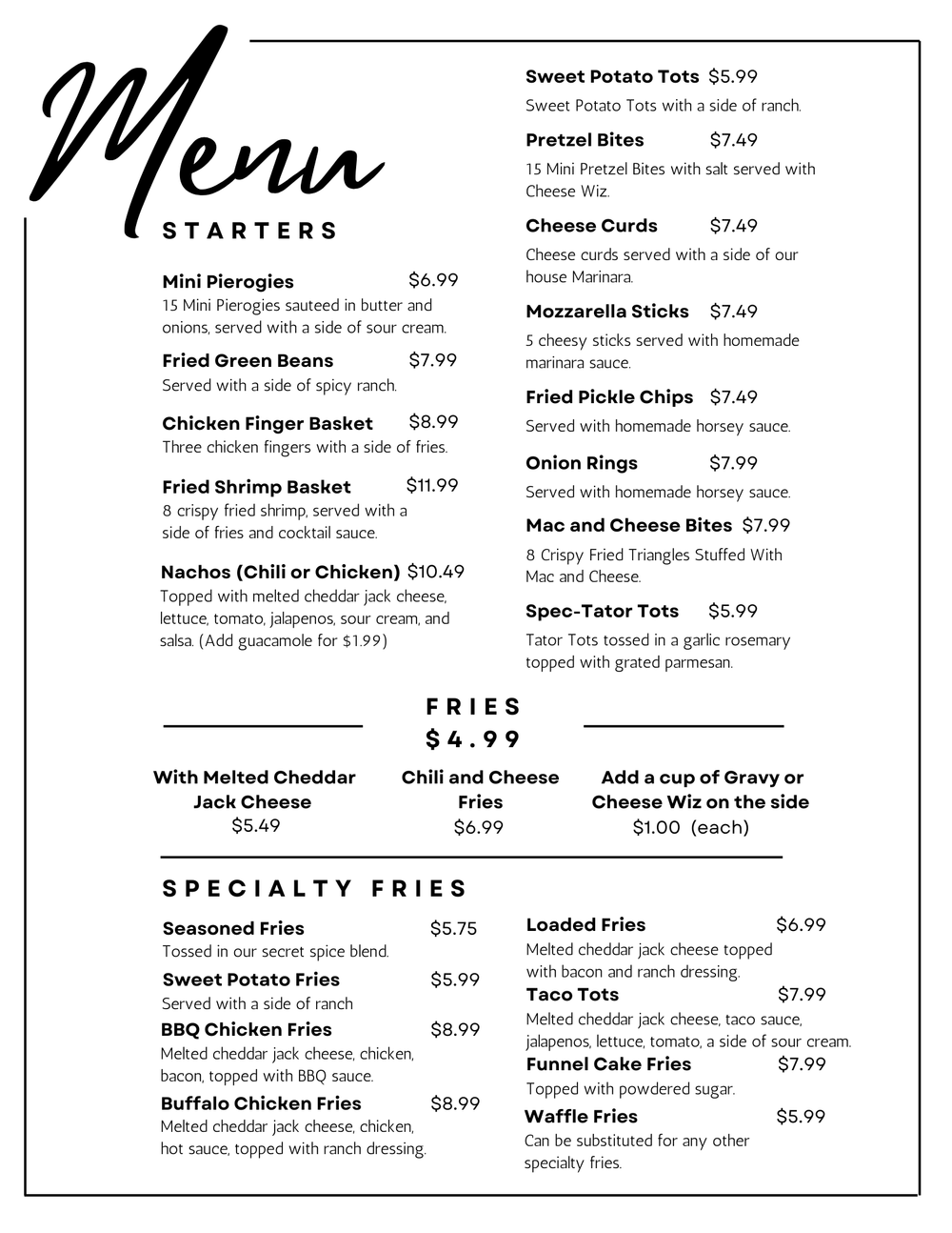 Spectators Bar & Grille Food Menu